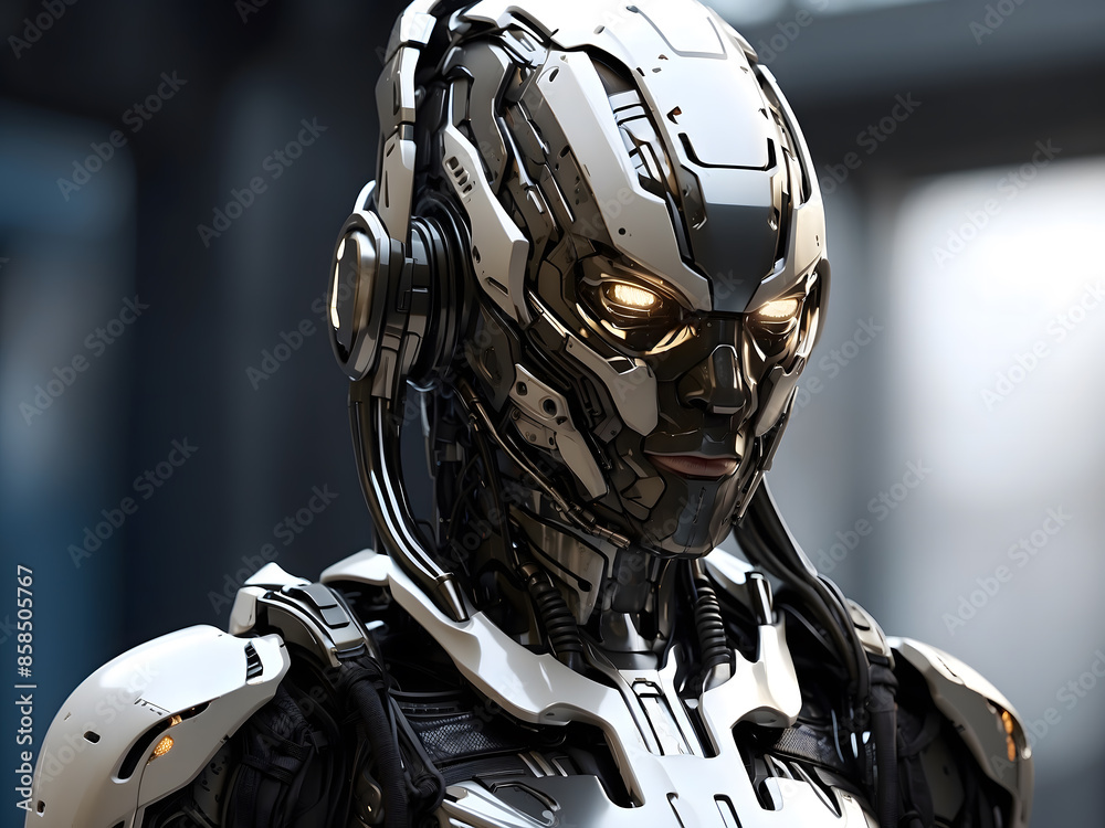 A humanoid made of sci-fi metal panels wearing techwear clothing, front ...
