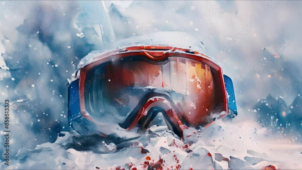 Watercolor painting of ski goggles on snowy backdrop against white ...
