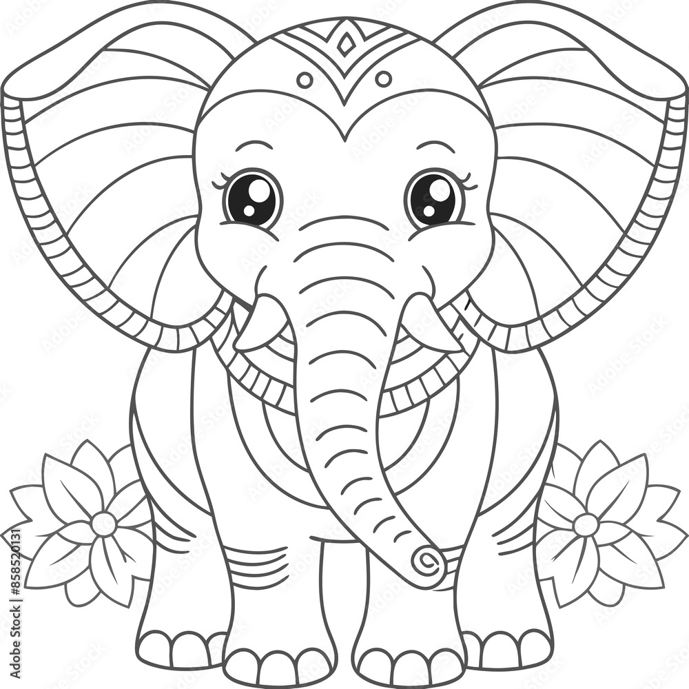 Cute Elephant Coloring Page for Kids and Adults to Enjoy Stock ...