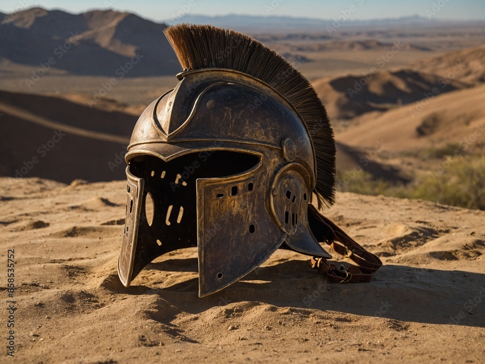 Ancient roman gladiator helmet rests prominently on desert sands under ...