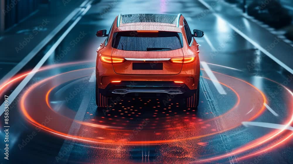 Futuristic Autonomous Vehicle on a Smart City Road at Night with ...