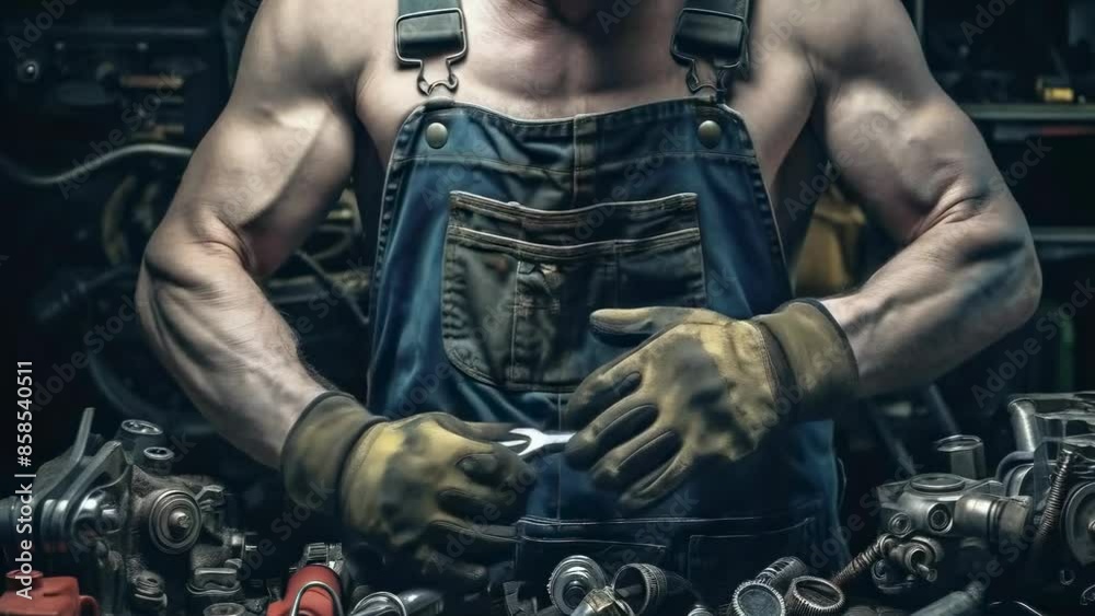 A muscular man wearing overalls and gloves works on engine parts in a ...