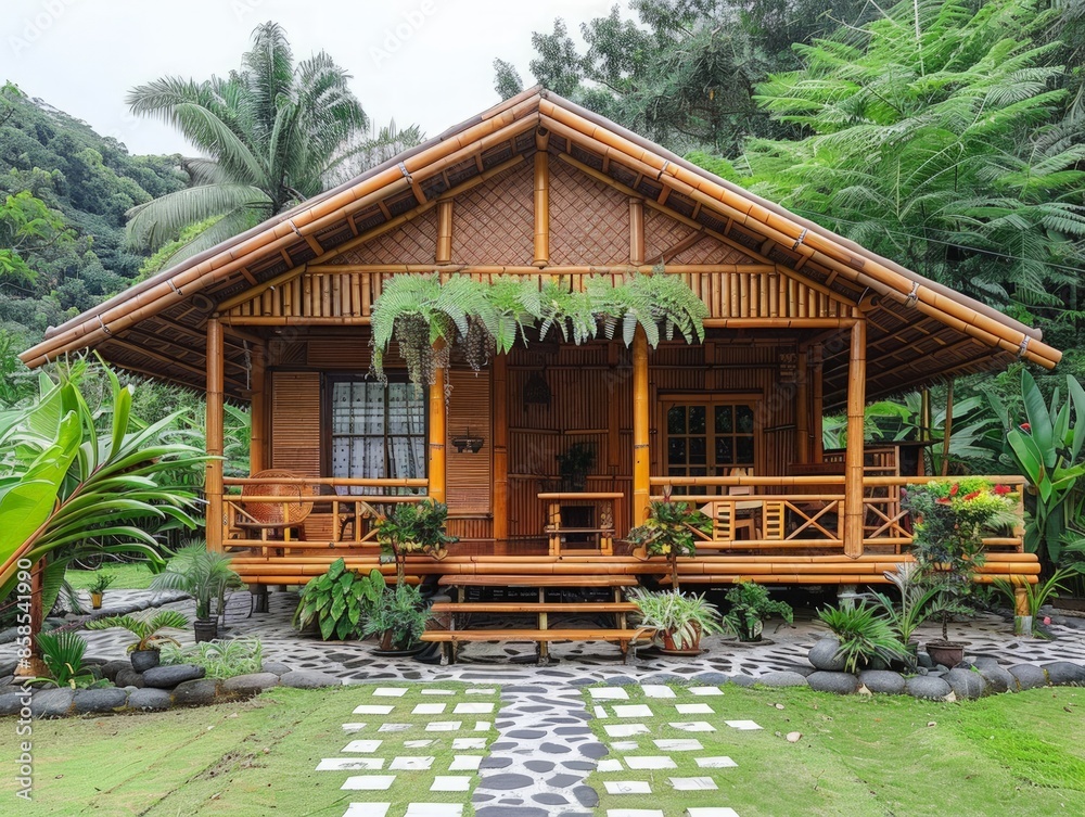 A traditional Filipino bahay kubo with bamboo walls and nipa palm roof ...