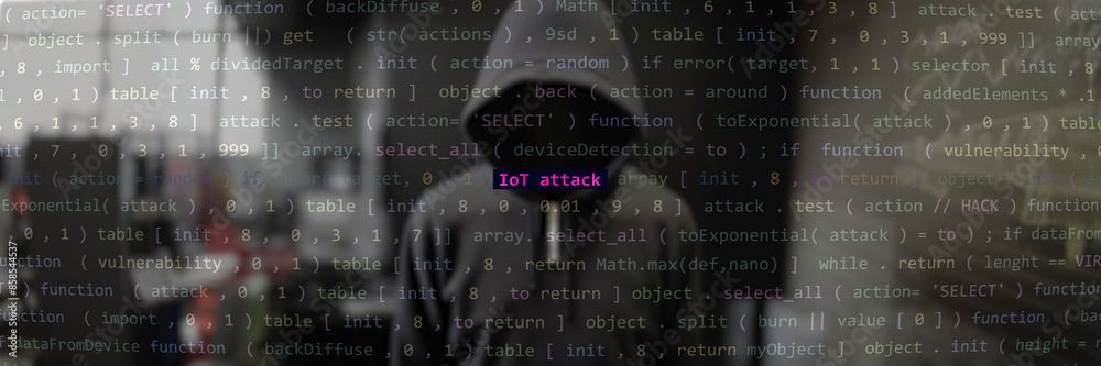 Cyber attack iot attack text. Anonymous hacker hidden with hoodie in the blurred background ...