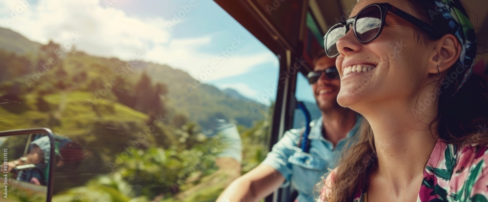 Travelers Enjoying A Scenic Bus Tour With A Guide Stock Illustration ...