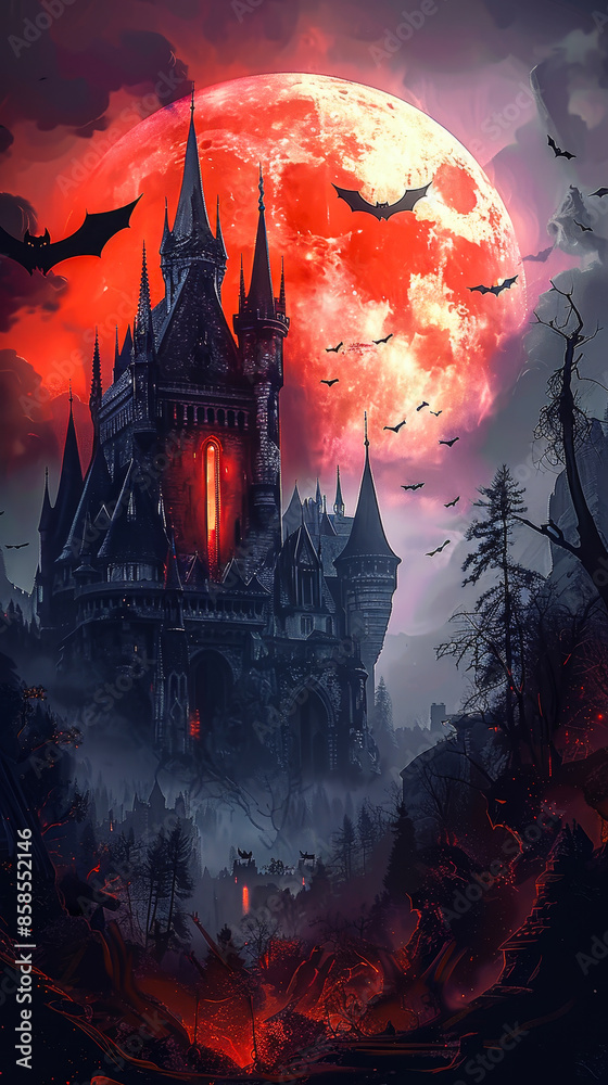 Eerie Dracula Vampire Castle with Bats and Blood Moon, Spooky ...