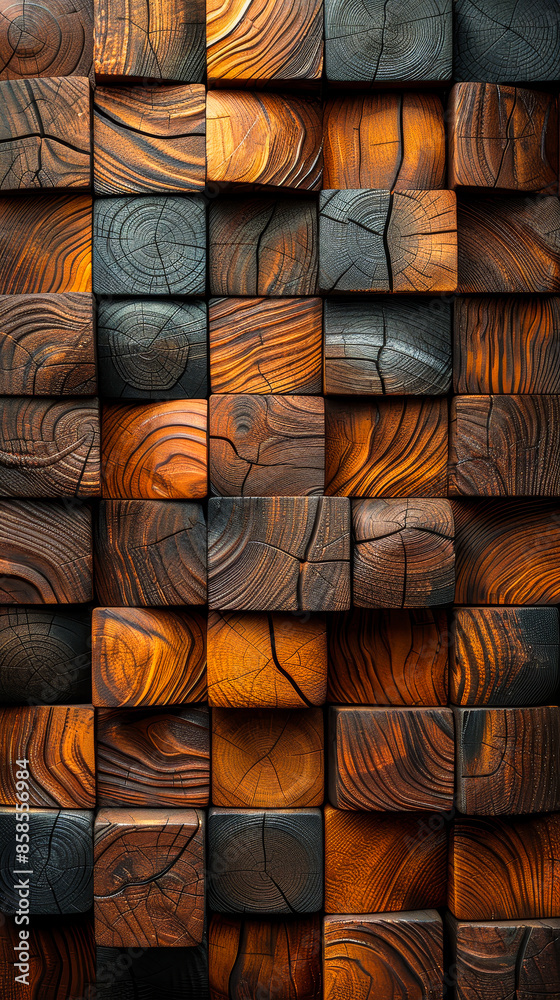 3D Render of a Natural Timber Wood Wall with Artistic Square Tile ...