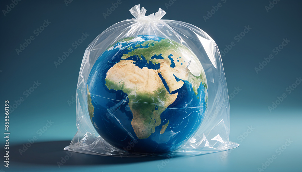 Earth in polyethylene plastic disposable package. Concept of pollution ...