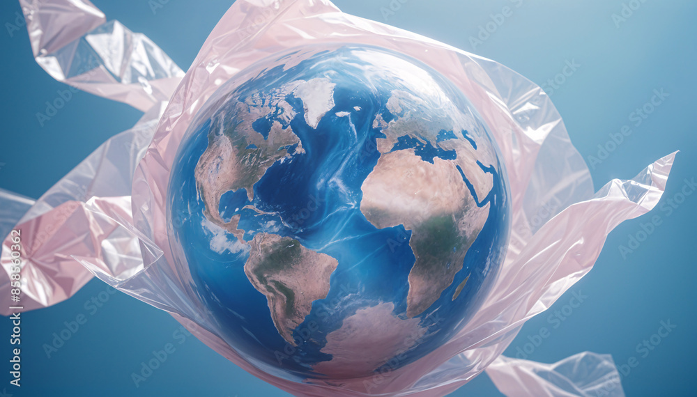 Earth in polyethylene plastic disposable package. Concept of pollution ...