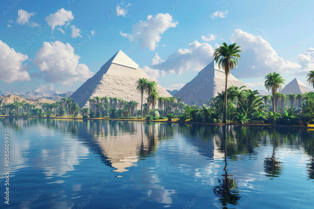 3D rendering, Egyptian pyramids surrounded by lush greenery and palm ...