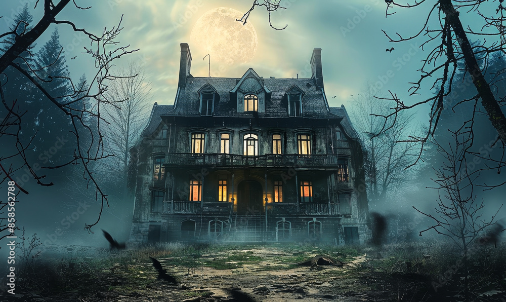 Eerie Haunted Victorian House Under Full Moon with Creepy Atmosphere ...