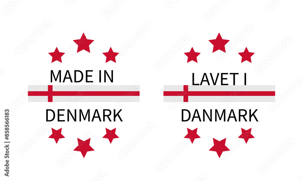 Made in Denmark labels in English and in Danish languages. Quality mark ...