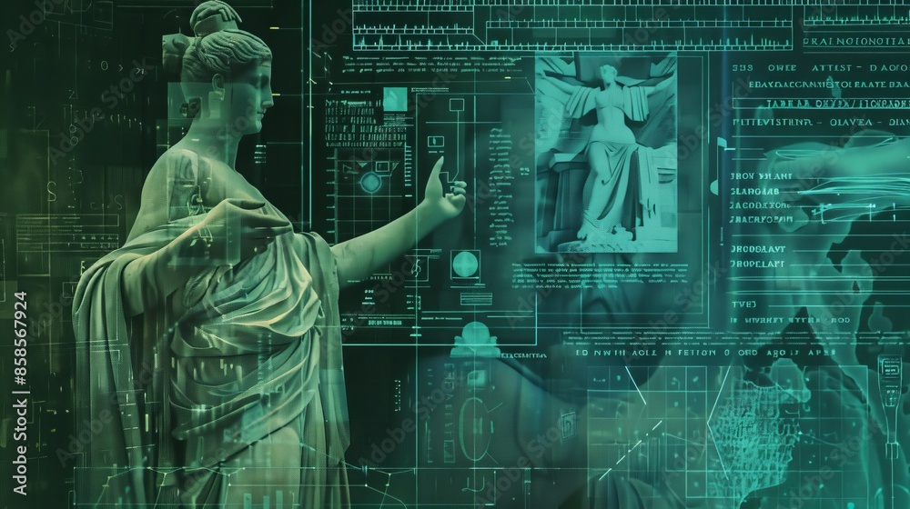 A green-tinted photo of an ancient Greek statue in a museum. A digital ...
