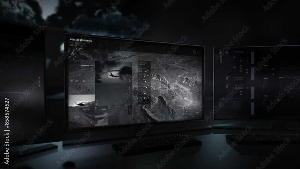 Surveillance Scan Computer Tracks Coordinates Of Enemy Army Base. Army ...