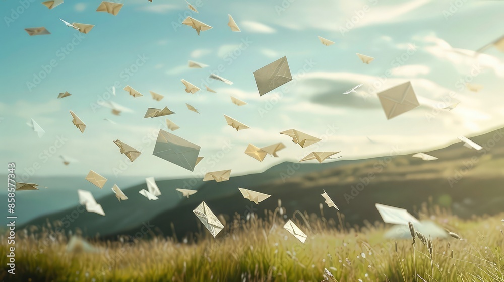 Side view of envelopes fluttering down in a gentle breeze, with a ...
