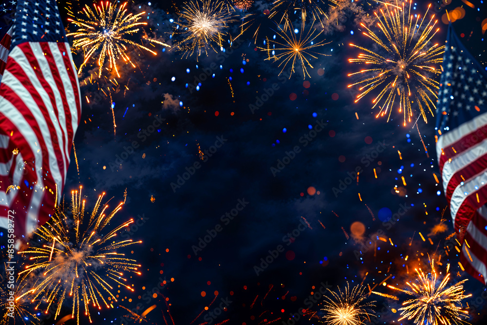 Gold fireworks and USA flags with copyspace, border, frame, 4th of July ...