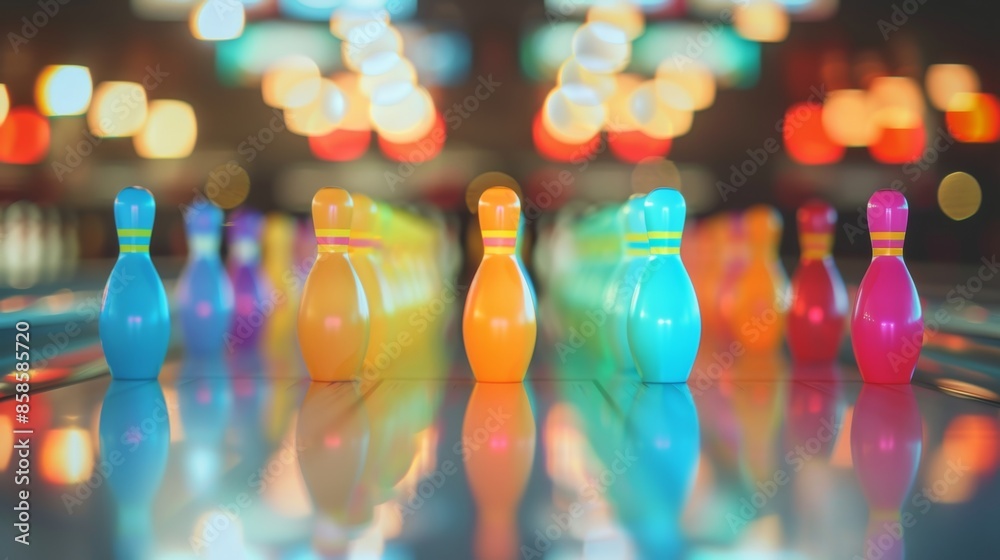Blurry images of brightly colored bowling pins being knocked down ...