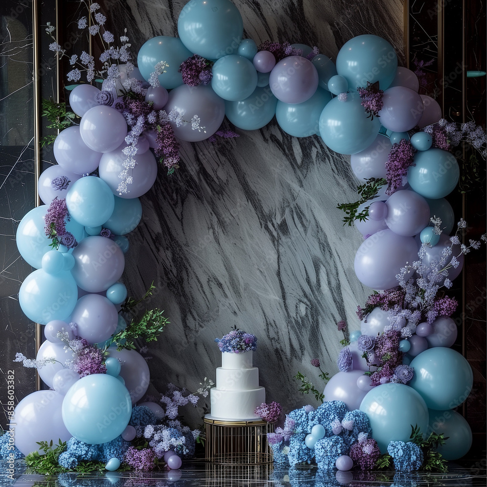 A blue and purple balloon garland on the wall of an arch, surrounded by ...