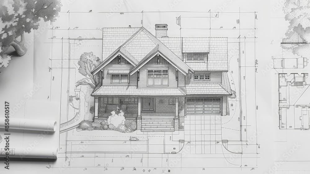 Detailed house plans with rolled blueprints, add notes and sketches ...