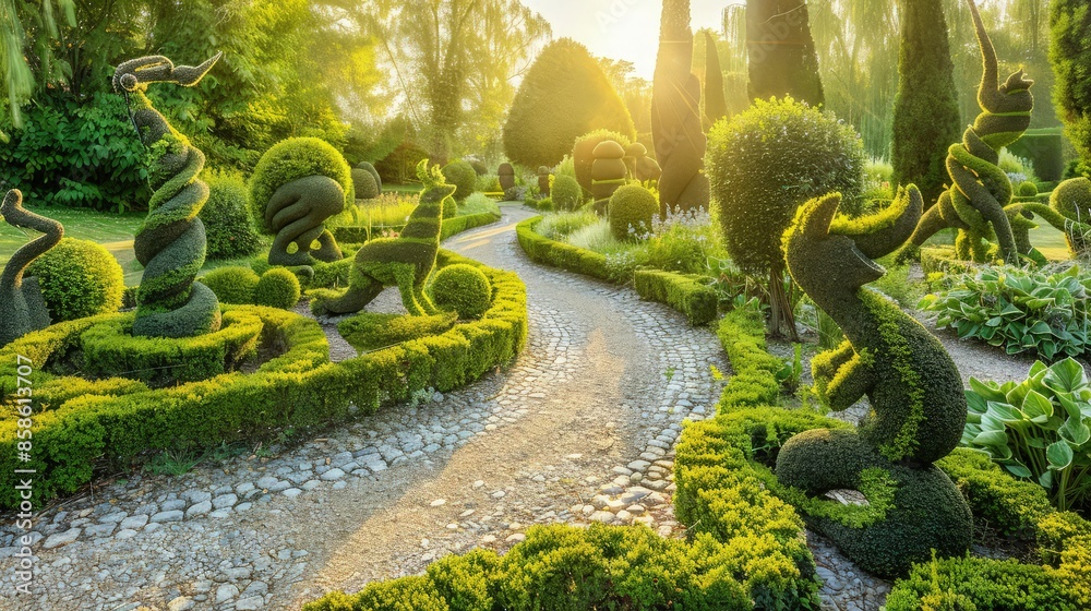 An elaborate topiary garden featuring plants shaped into various ...