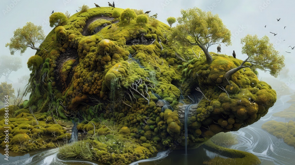 An island formed from the body of a sleeping giant, covered in moss and ...