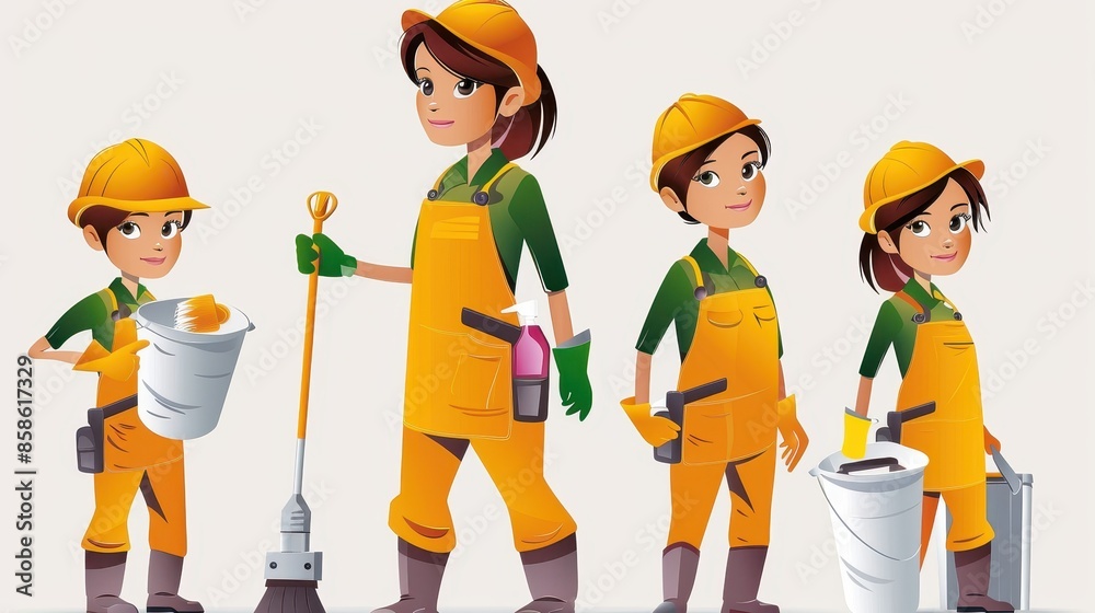 An illustration of four construction workers wearing uniforms and ...