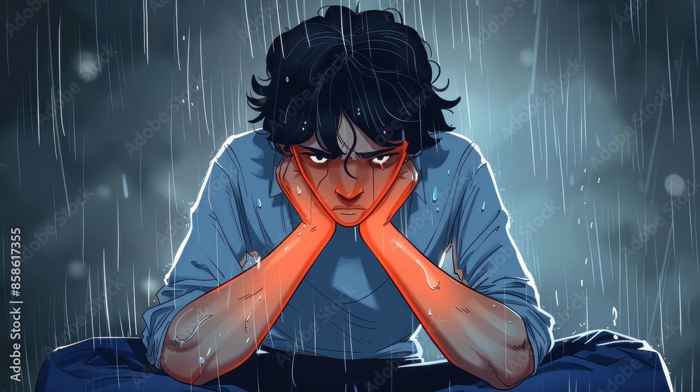 This image illustrates a person sitting cross-legged under heavy rain ...