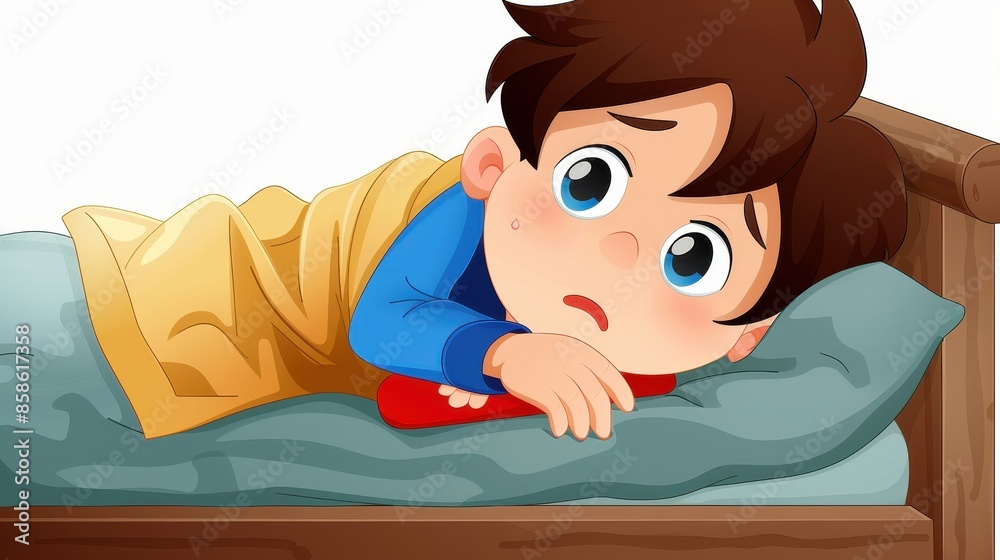 This image is of a sad-looking cartoon child, with expressive blue eyes ...