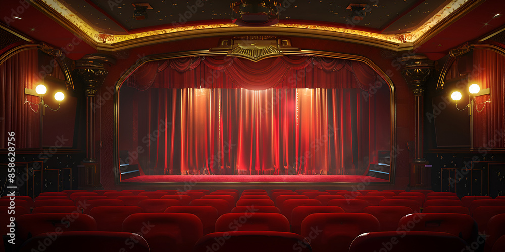 A large, mostly empty movie theatre with a red carpet walkway and red ...