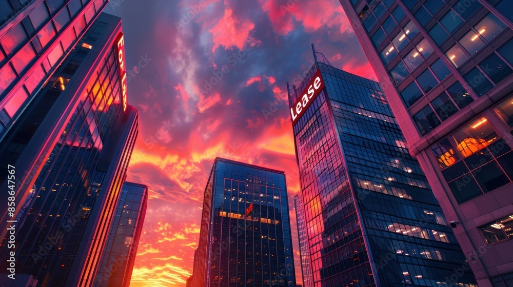 A mesmerizing city skyline at sunset featuring tall glass buildings ...