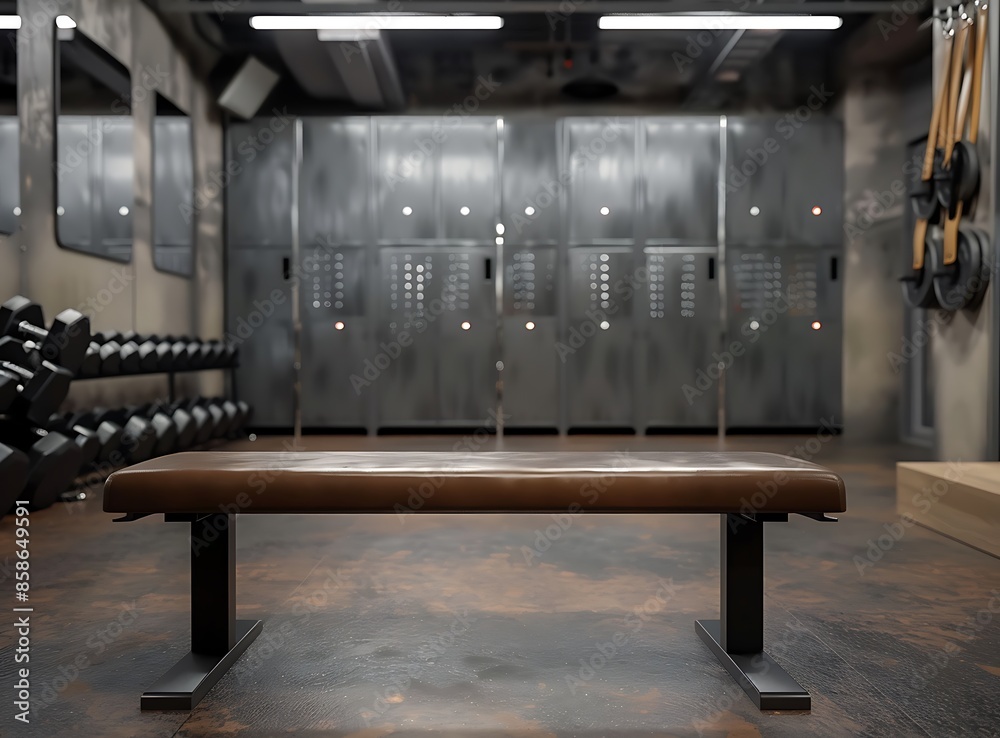 An interior of a modern gym with a leather bench and gray lockers on ...