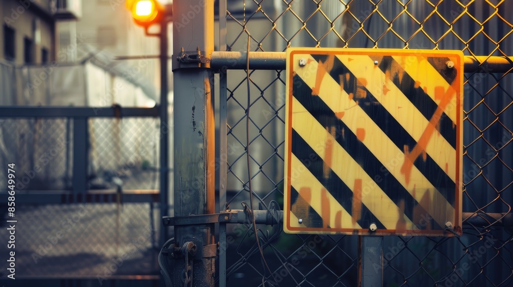 Diagonal stripes warning sign on board fence with caution light and scaffold sheet urban setting ...