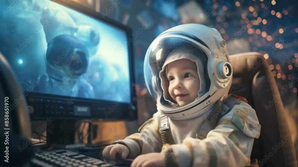 A young child dressed in an astronaut suit sits in front of a computer ...