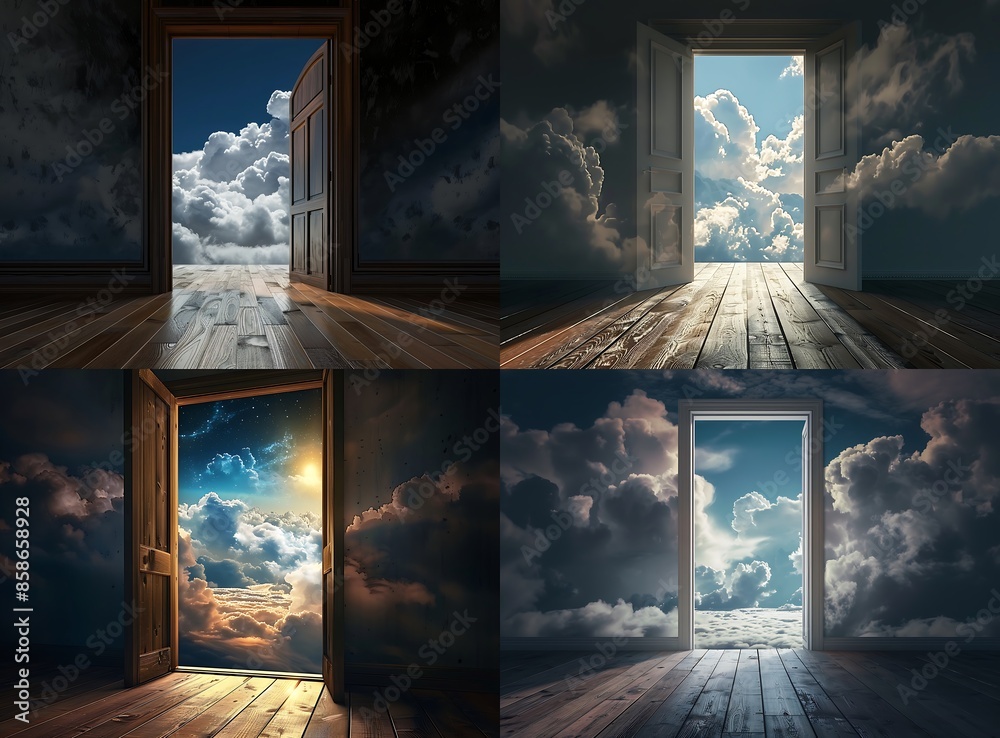 an open door leading to heaven with clouds and sky on the other side ...