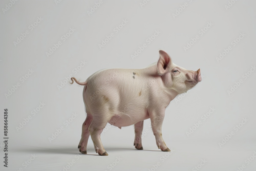 the beside view Hampshire Pig standing, left side view, white copy ...