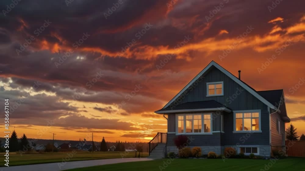 Canadian Home House Exterior Dramatic Cloudy Sunset Sky Background. New ...
