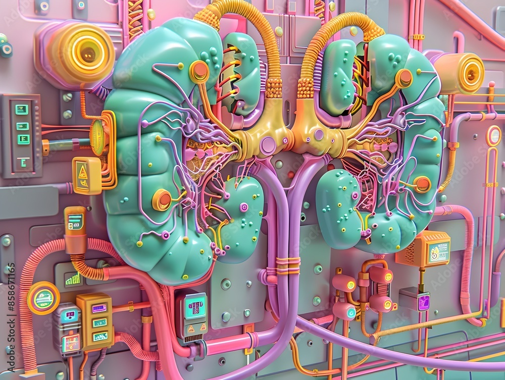 Ilustrace „Detailed 3D render of the renal system showcasing the ...