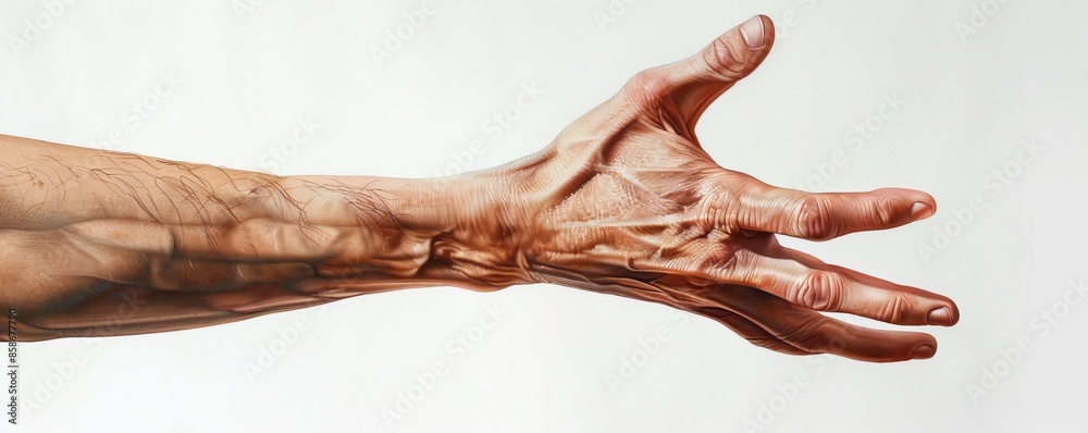 Detailed close-up of an outstretched human arm and hand, showing veins ...