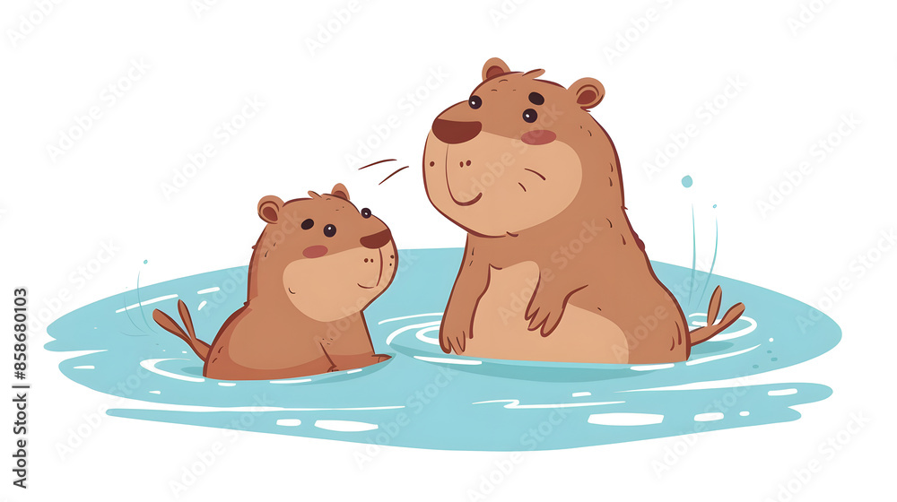 Cute capybara family. Funny mother and baby cub capibaras. Happy capy ...