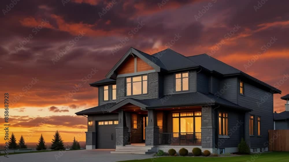 Canadian Home House Exterior Dramatic Cloudy Sunset Sky Background. New ...