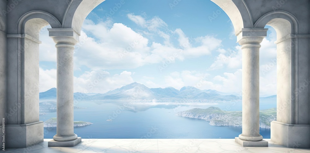 greek background with view of the sea and mountains, featuring a white ...