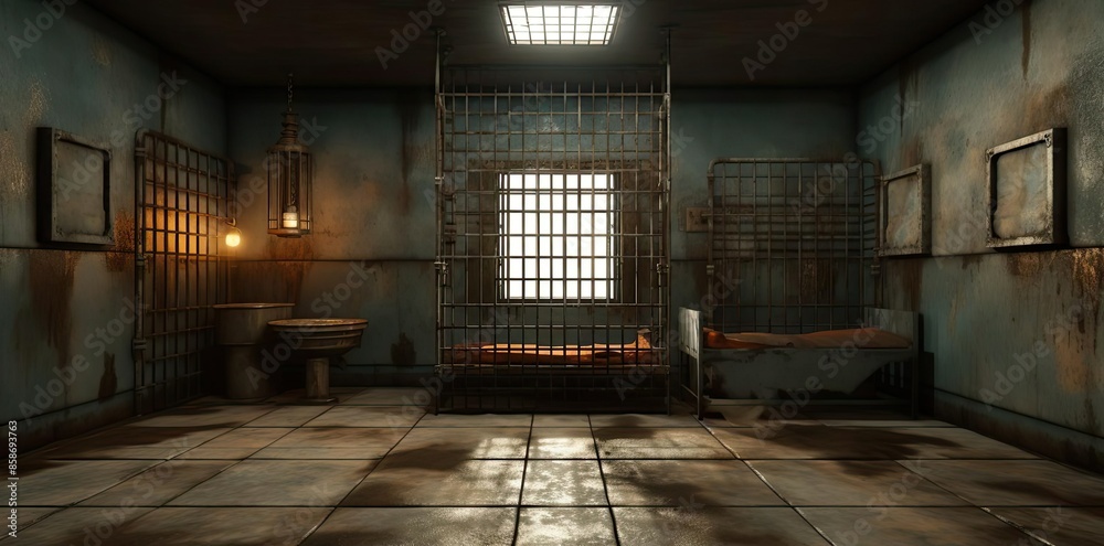 prison background with metal bars, wood ceiling, and tiled floor ...