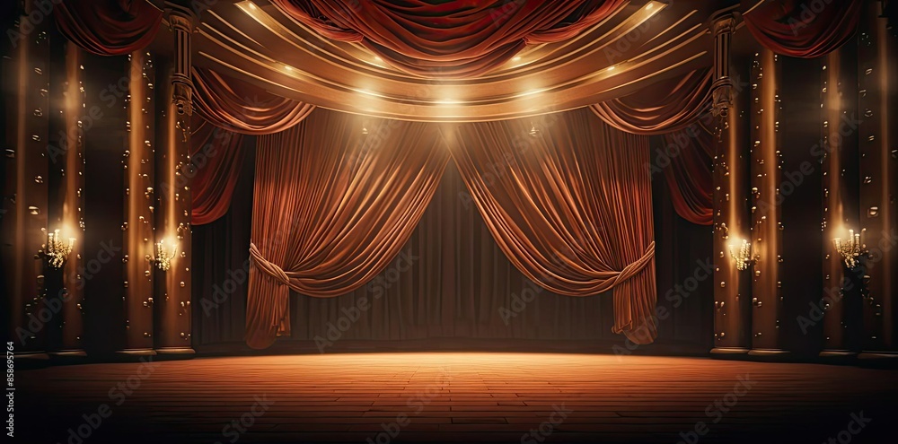 theater background with red curtains and lights on stage, featuring a ...