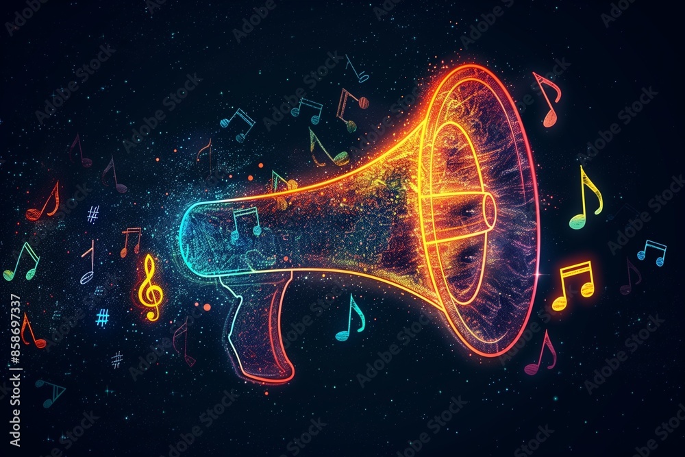 Surreal Glowing Neon Megaphone with Floating Musical Notes Stock ...