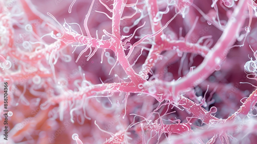 Microscopic view of cultured meat fibers growing and multiplying. The ...