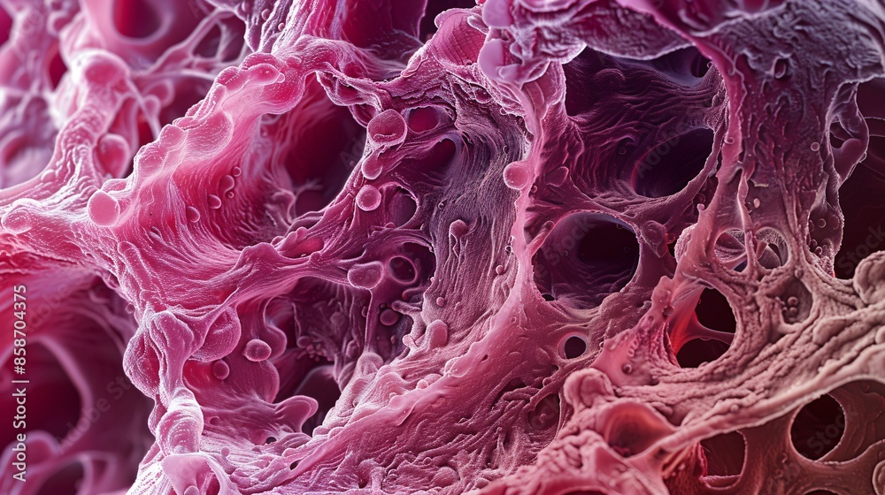 Microscopic view of cultured meat fibers growing and multiplying. The ...