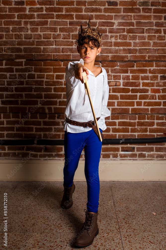 Young boy dressed like a prince, cosplaying in blue tights and a gold ...