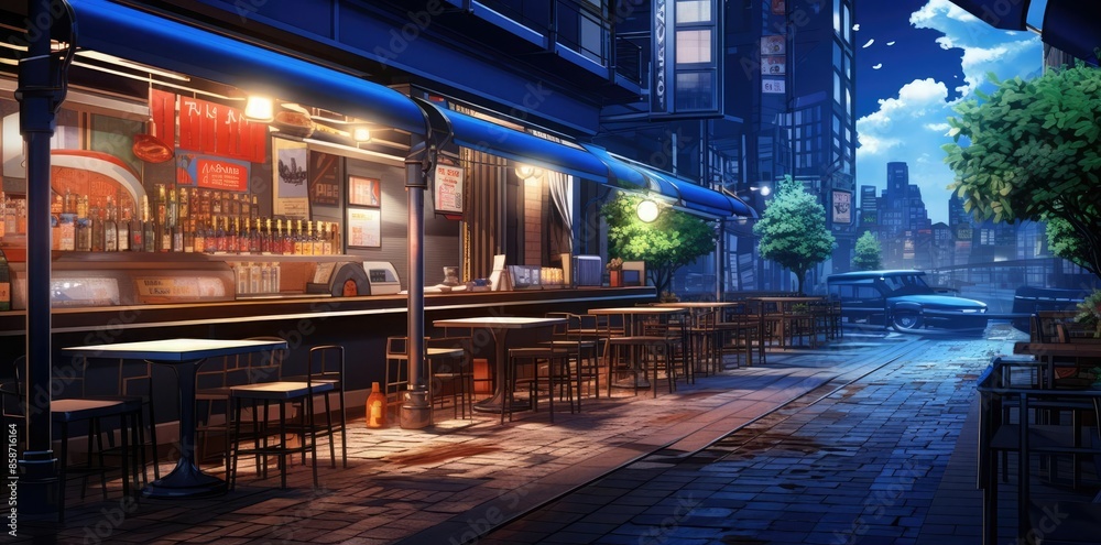 anime street background featuring a variety of seating options ...