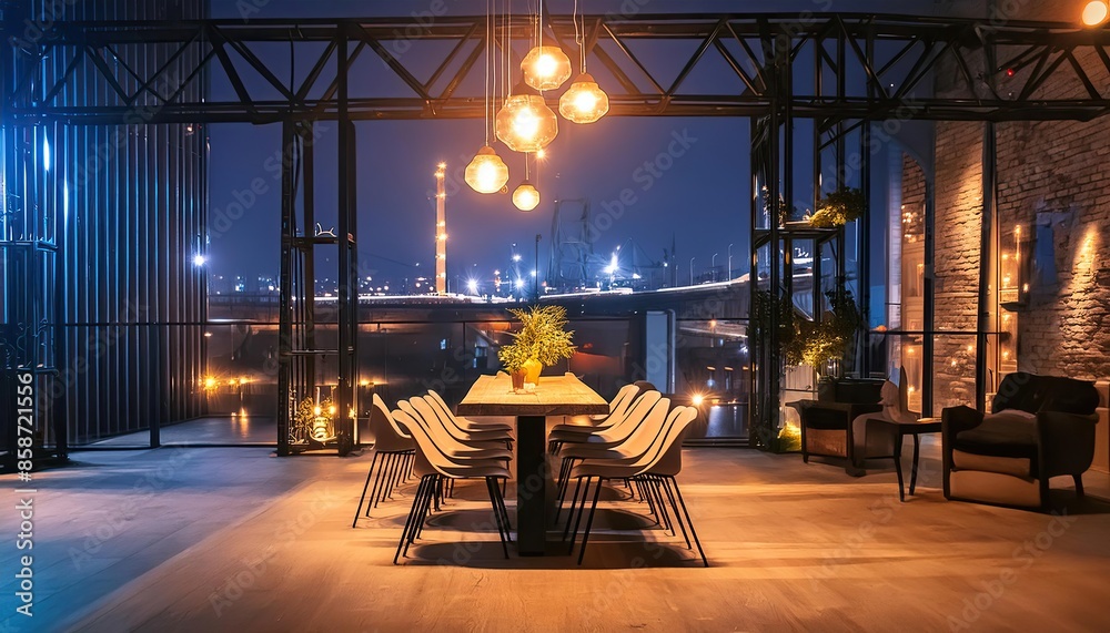 industrial dining room night atmosphere interior design with light on ...