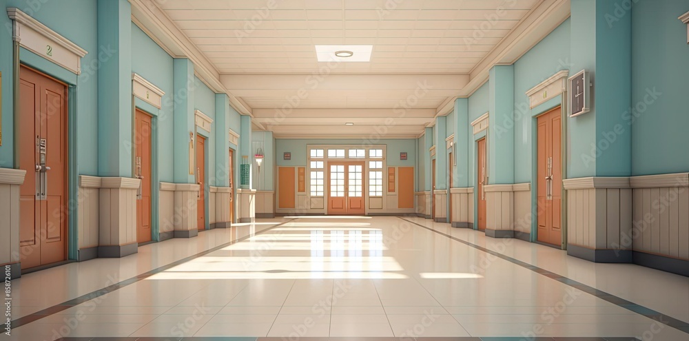 school hallway background with blue and green walls, wood and brown ...